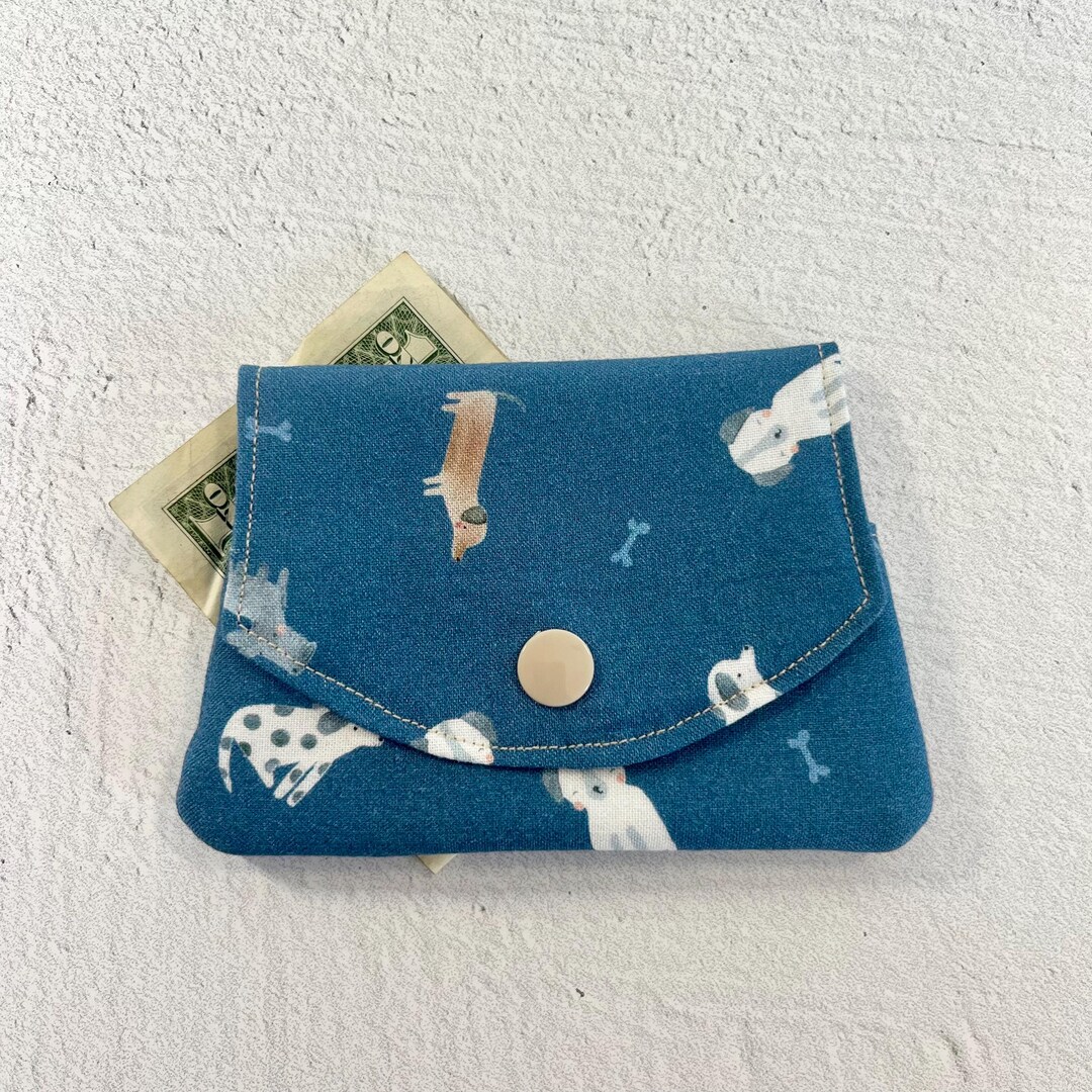 Blue Cotton Cardholder Wallet With Dogs: Snap Closure, Three Pocket ...