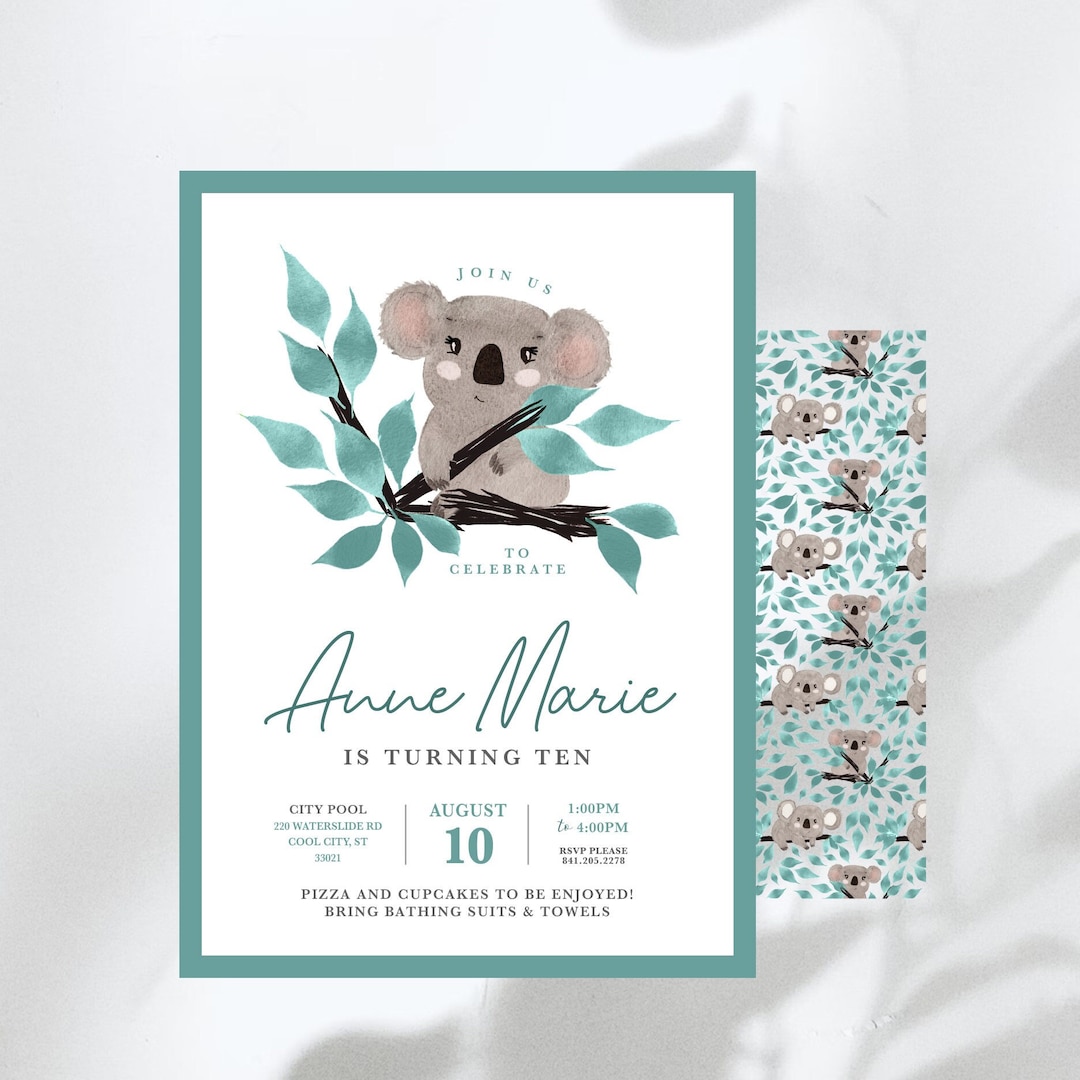 Boy or Girl Cute Koala Birthday Party Invitation, Leaf + Koala Invite ...