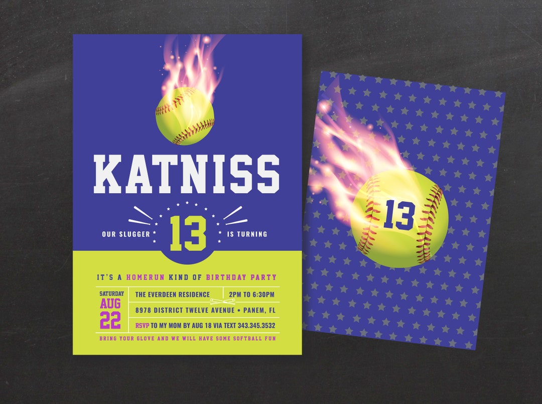 Softball Birthday Party Invite, Softball Player Invite, Softball Flames ...