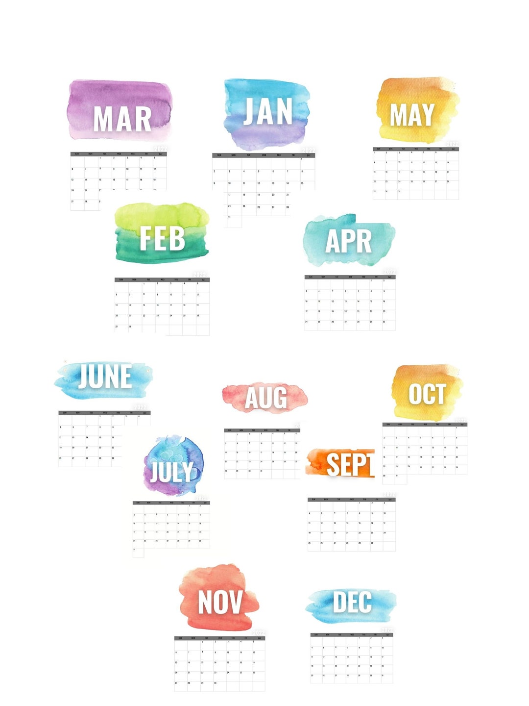 Watercolor 2022 Calendar Printable Digital - Etsy