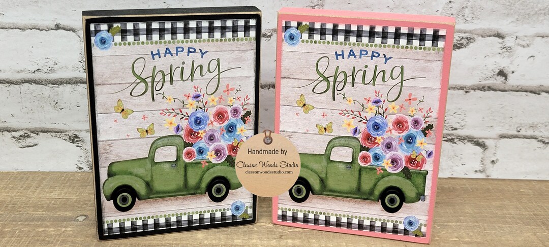 Happy Spring Green Truck of Flowers Wood Block Sign - Etsy
