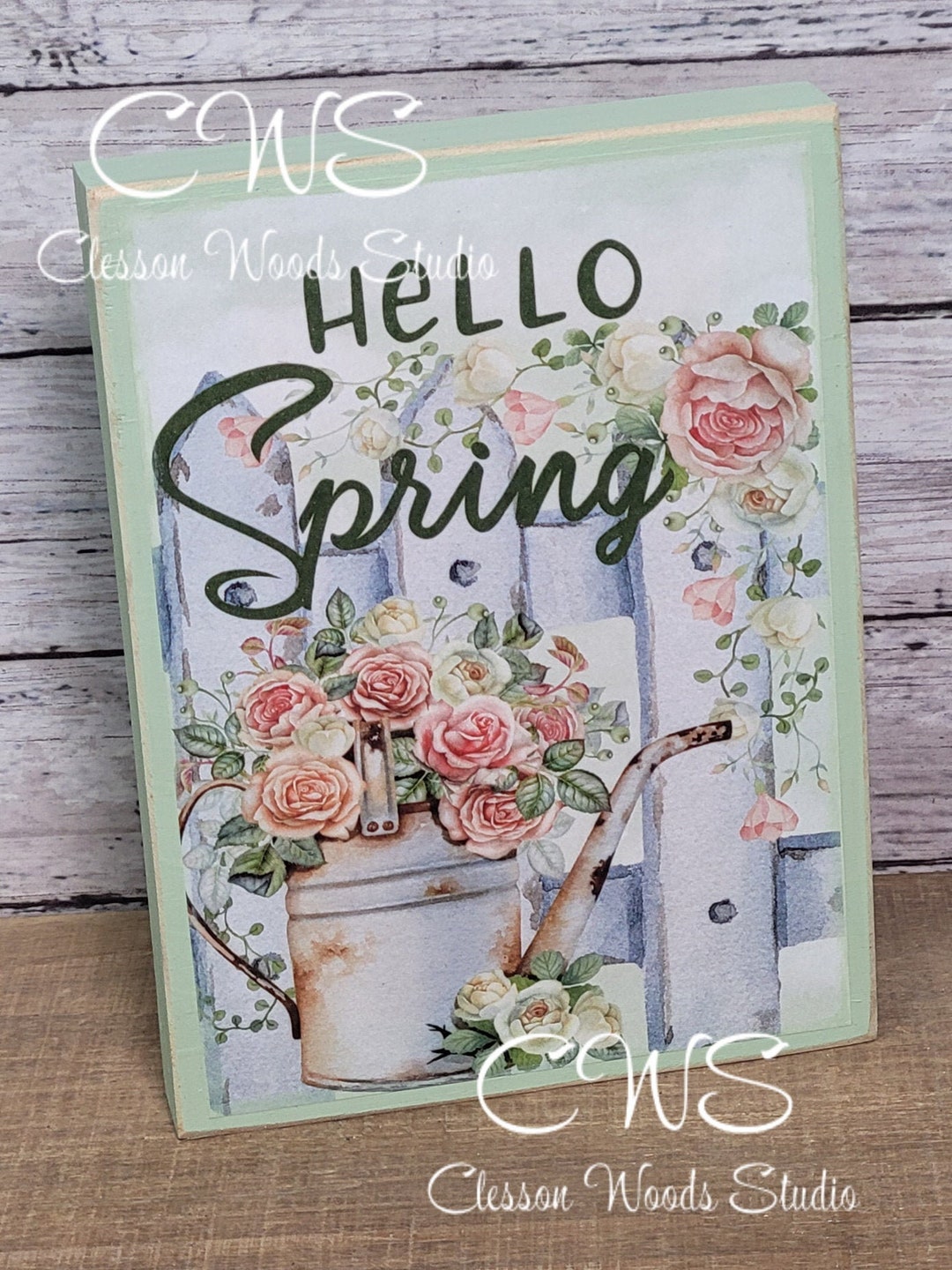 Hello Spring Flowers Fence and Watering Can Light Mint Green Wood Sign ...