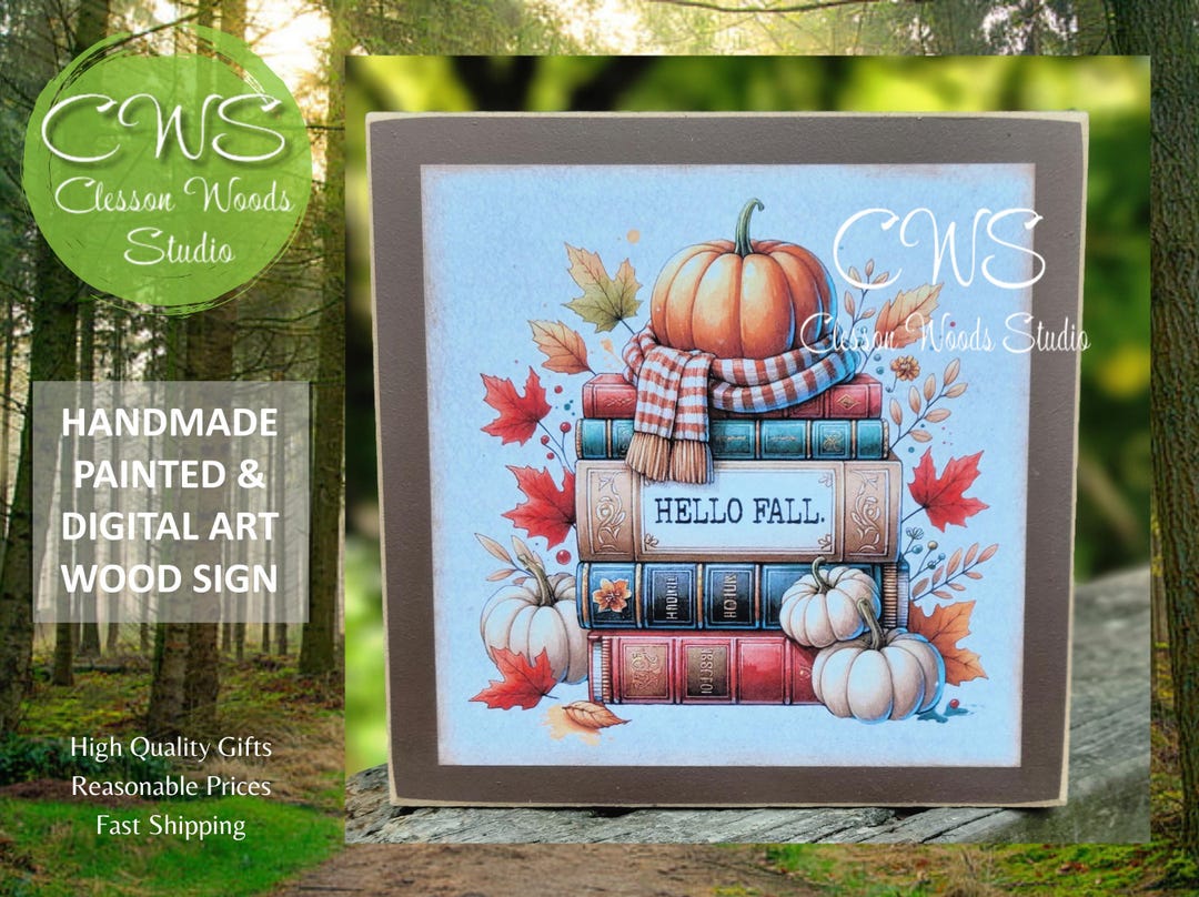 Hello Fall Book Stack Pumpkin Brown Plaid Scarf Wood Sign 5 1/2" Square ...