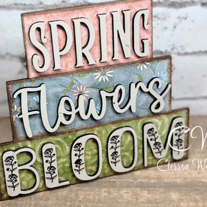 Spring Flowers Bloom Word Block Stack Sign - Etsy