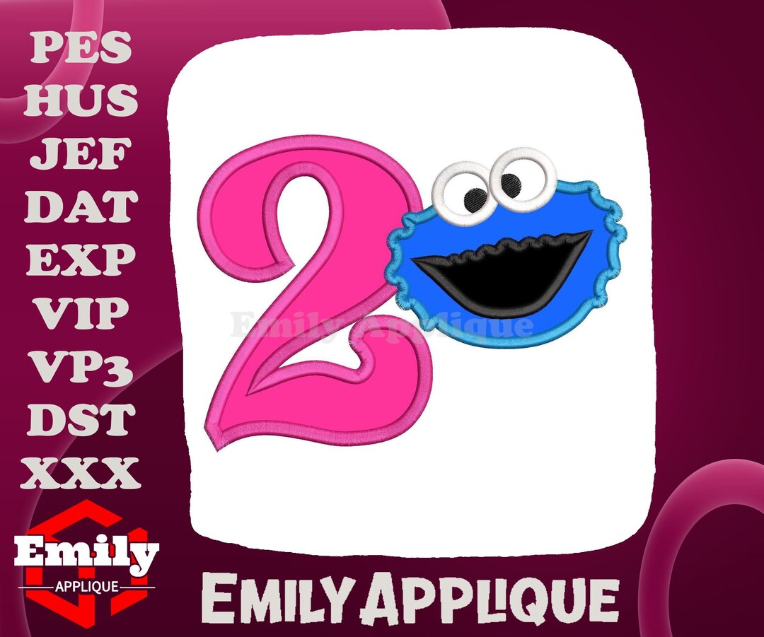 Cookie_monster_number_2_birthday_applique_embroidery_design 12 Formats ...