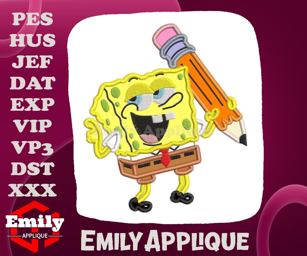 Spongebob_squarepants_with_pencil_applique_design 12 Formats - Instant ...