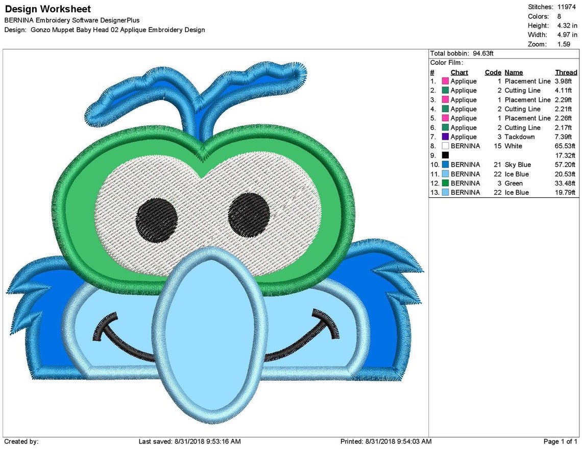Gonzo Muppet Baby Head 02 Applique Embroidery Design Instant - Etsy