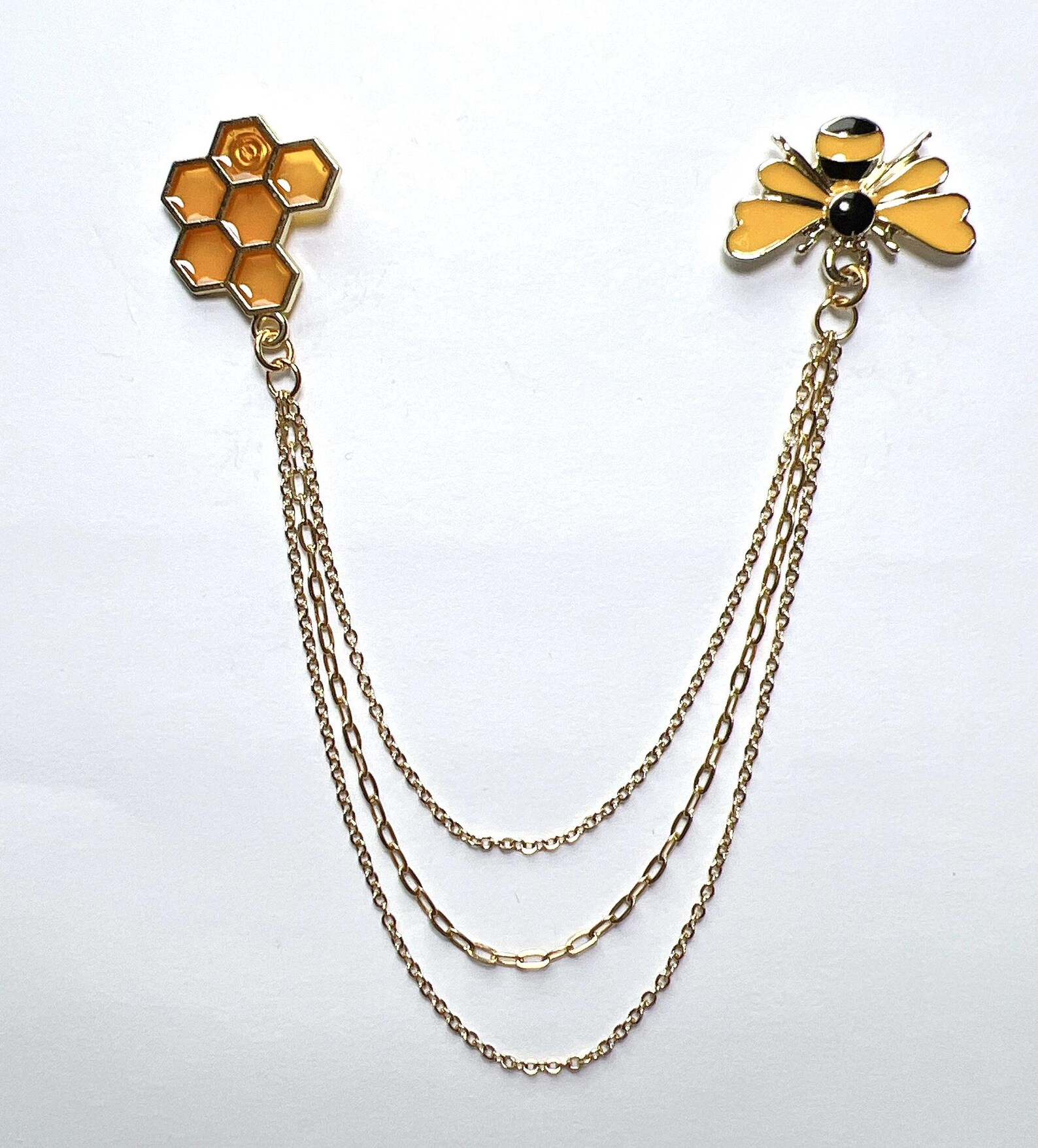 Enamel Honey Bee & Honeycomb Collar Chain Brooch Gold Bumblebee Lapel ...