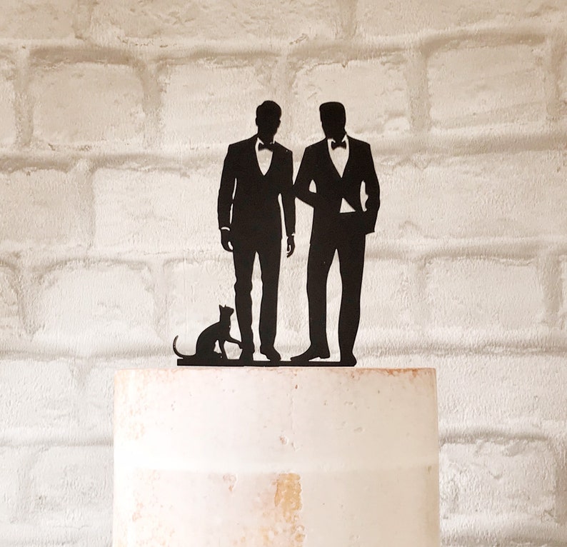 Two Grooms and Cat Silhouette Wedding Cake Topper Gay Couple - Etsy