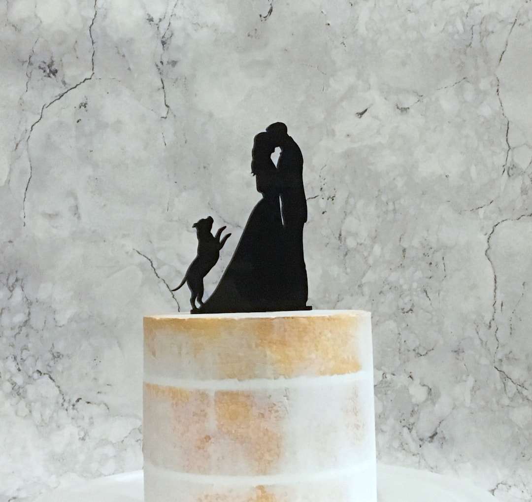 Silhouette Wedding Cake Topper With Dog, Couple and Dog, Bride Groom ...