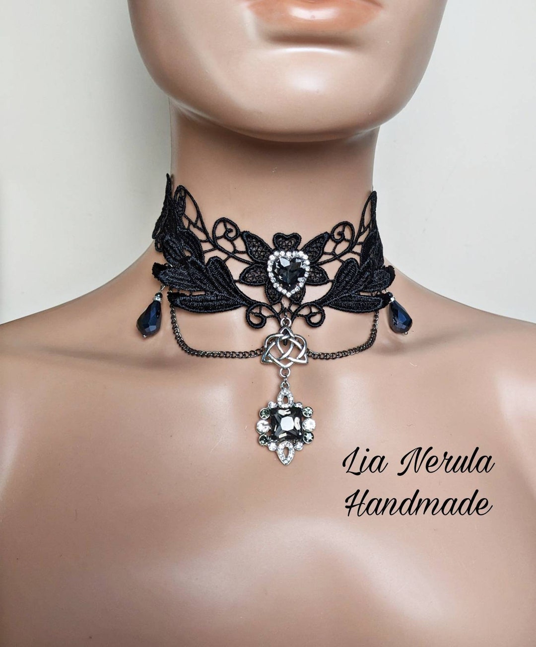 Crystal and Lace Steampunk Victorian Gothic Choker, Black Lace Goth ...