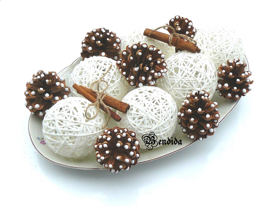 White Decorative Balls and Pine Cones for Bowls, Vase Fillers Orbs ...