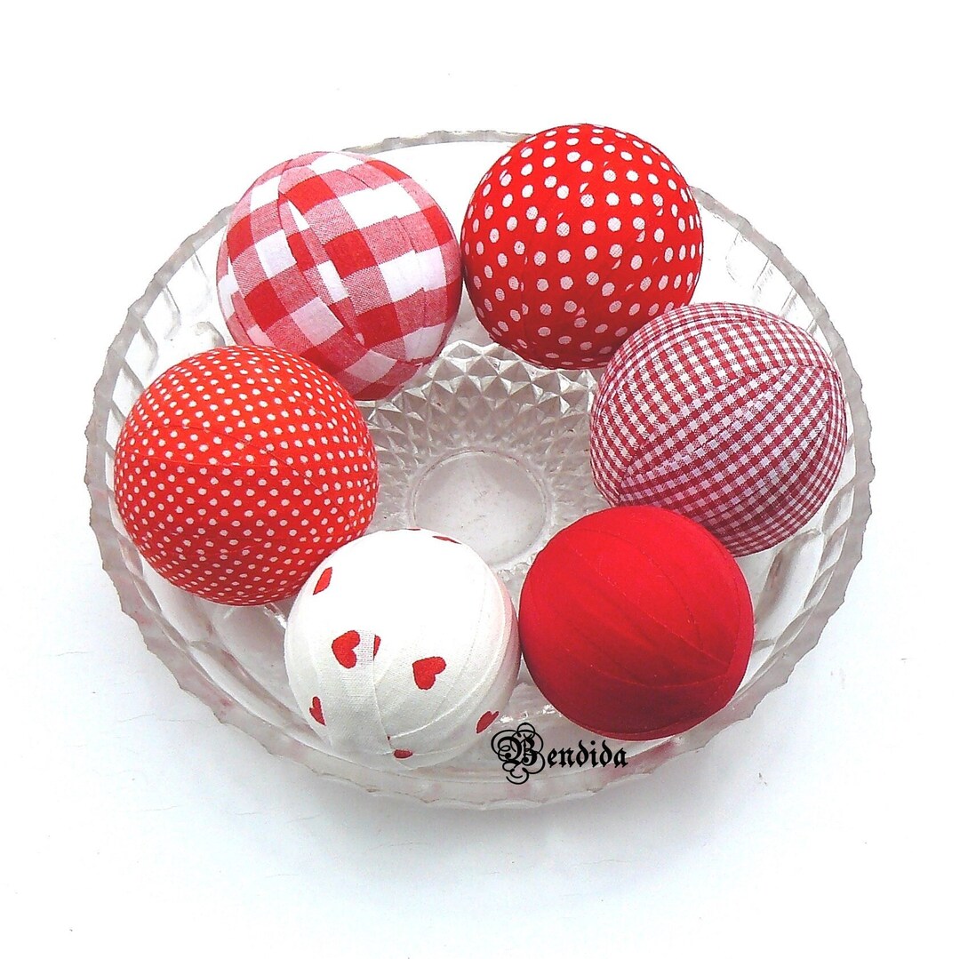 6 Red and White Decorative Rag Balls for Bowls, Vase Fillers Orbs ...