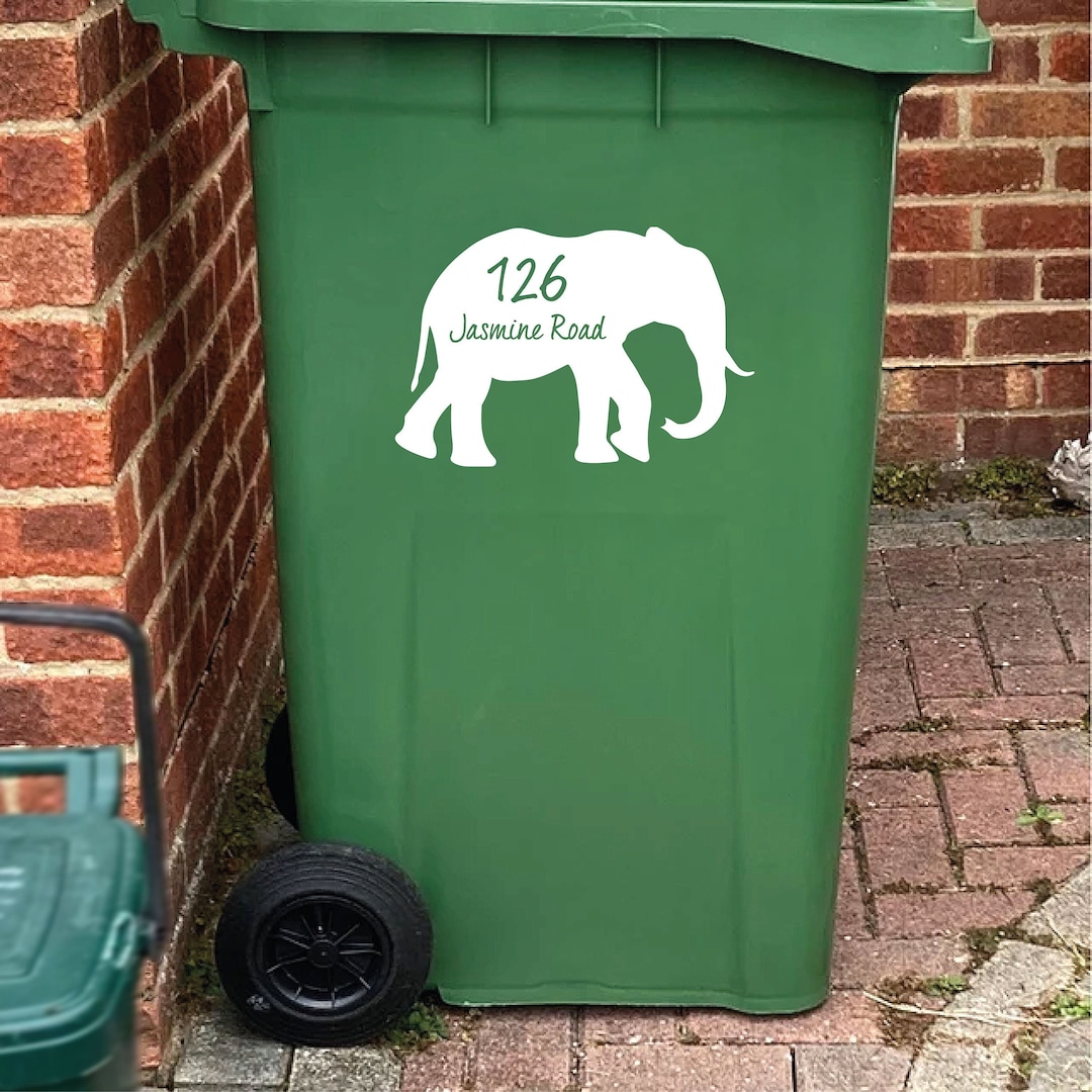 2 Wheelie Bin Vinyl Decals. Elephant Design House Number, Street Name ...