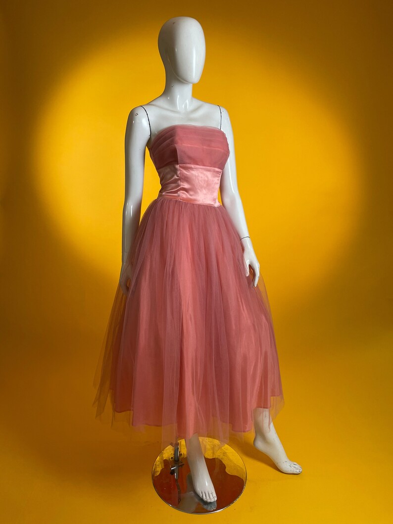 Vintage Prom Dress 1950s Pink Tulle & Satin Strapless Cupcake - Etsy