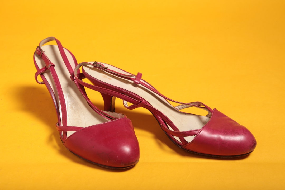 Vintage Shoes 1950s Raspberry Pink Leather Slingback Heeled Sandals by ...