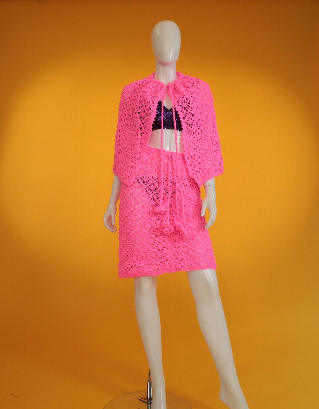 Vintage 1960s Pink Day Glo Fluorescent Crochet Top Skirt Beach Set ...