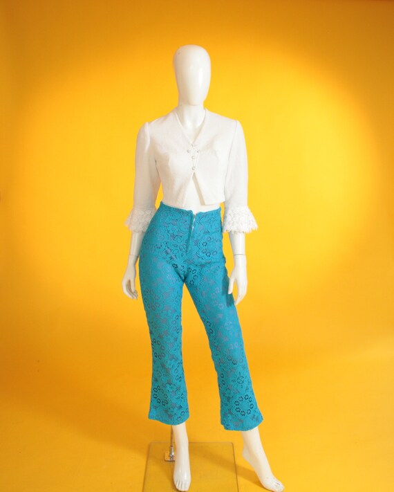 Vintage 1960s Trousers Turquoise Blue Lace Flares Cropped High Etsy