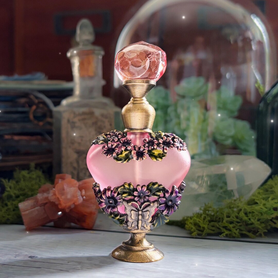 Vintage Pink Glass Perfume Bottle: Heart Shaped Victorian Style Vanity ...