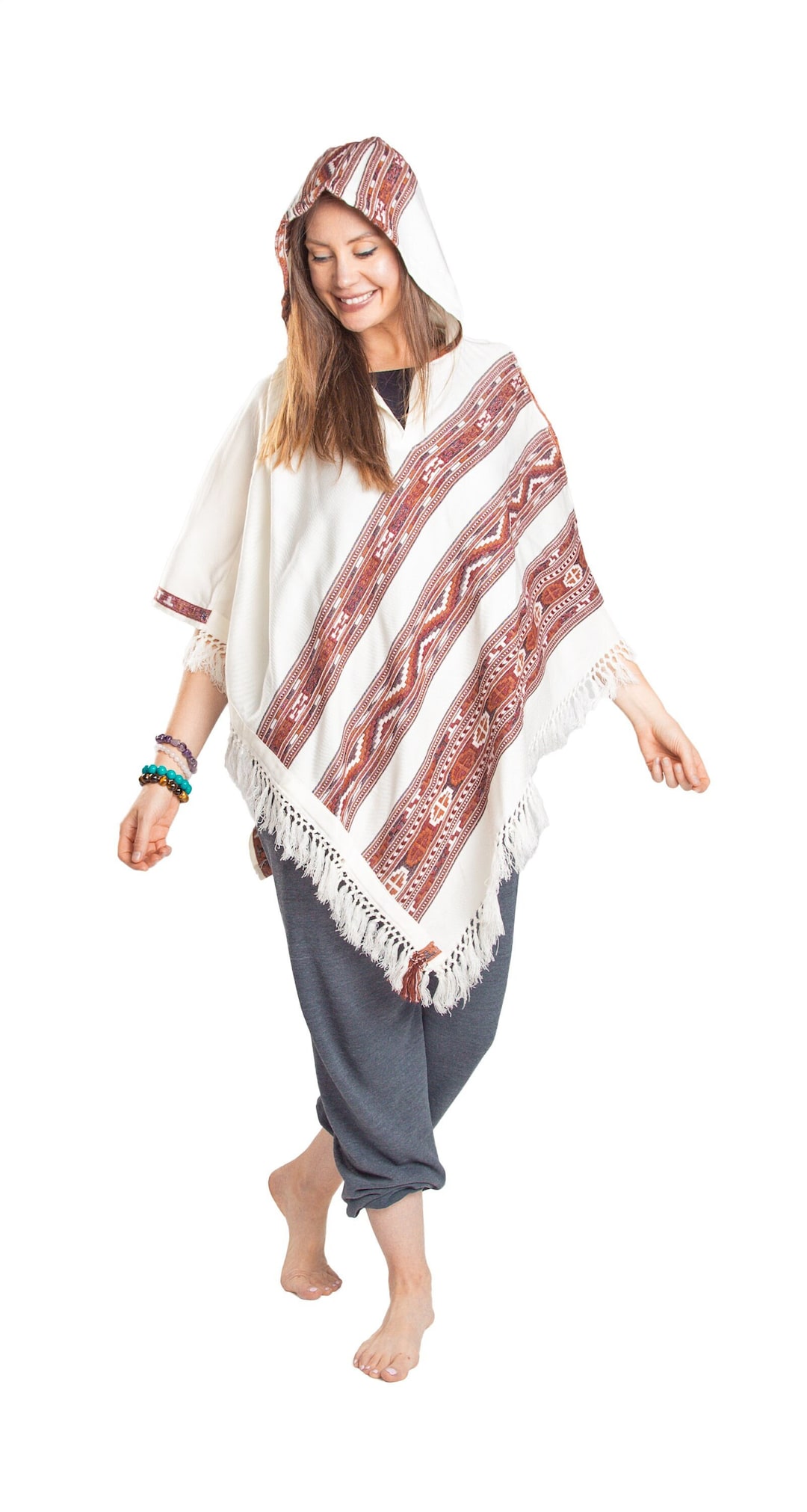 Ethnic Tribal Hooded V Poncho Cape With Fringes, Vegan Wool Wrap ...