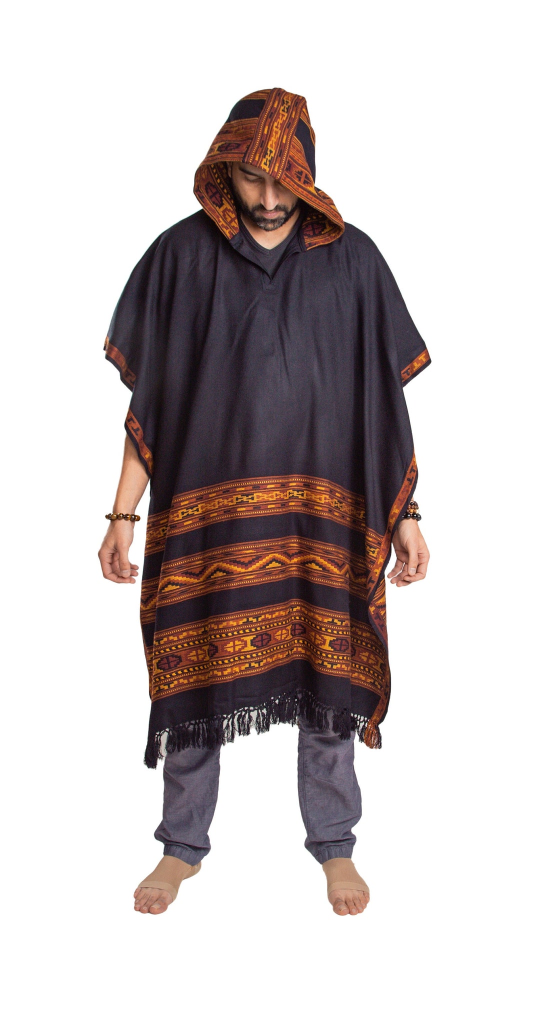 Ethnic Tribal Hooded Poncho Cape With Fringes, Vegan Wool Wrap ...
