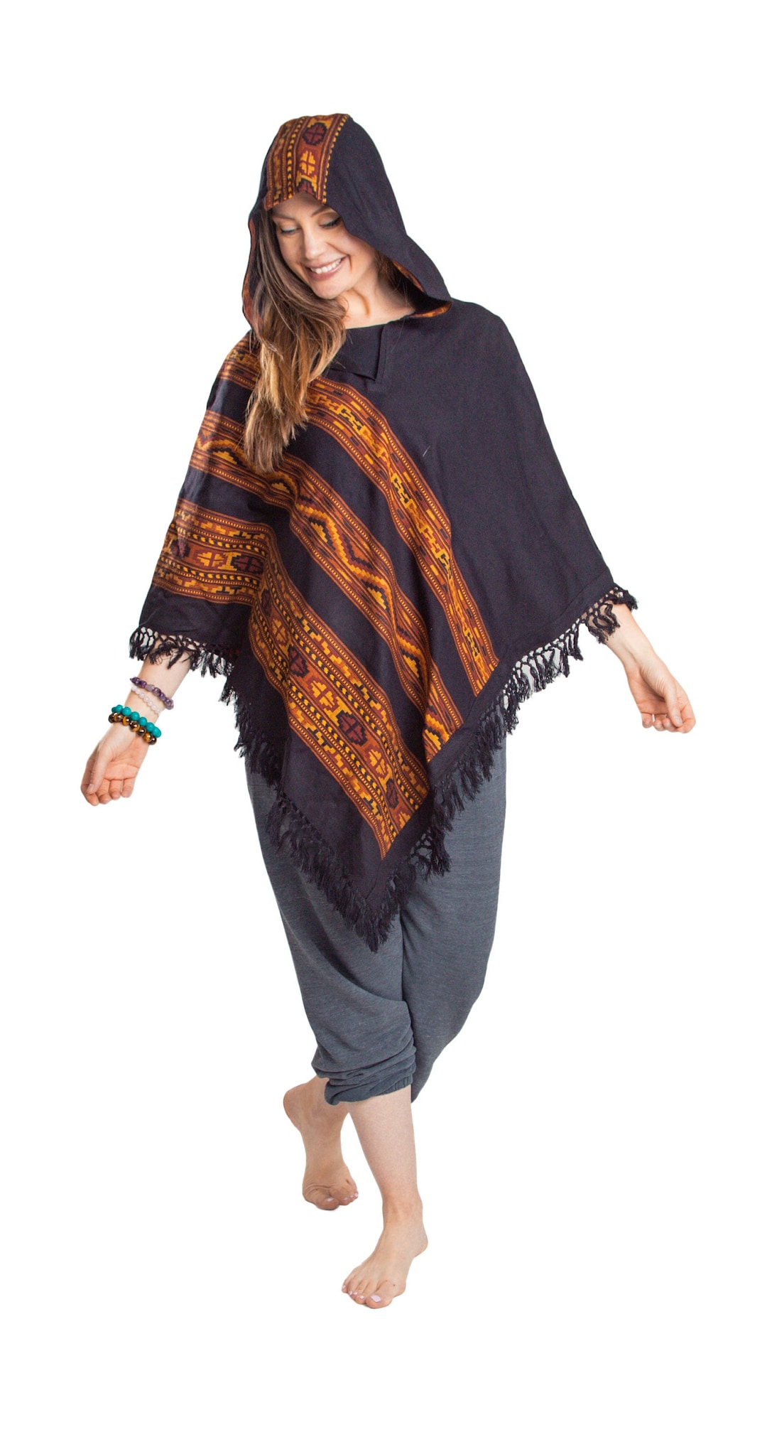 Ethnic Tribal Hooded V Poncho Cape With Fringes, Vegan Wool Wrap ...