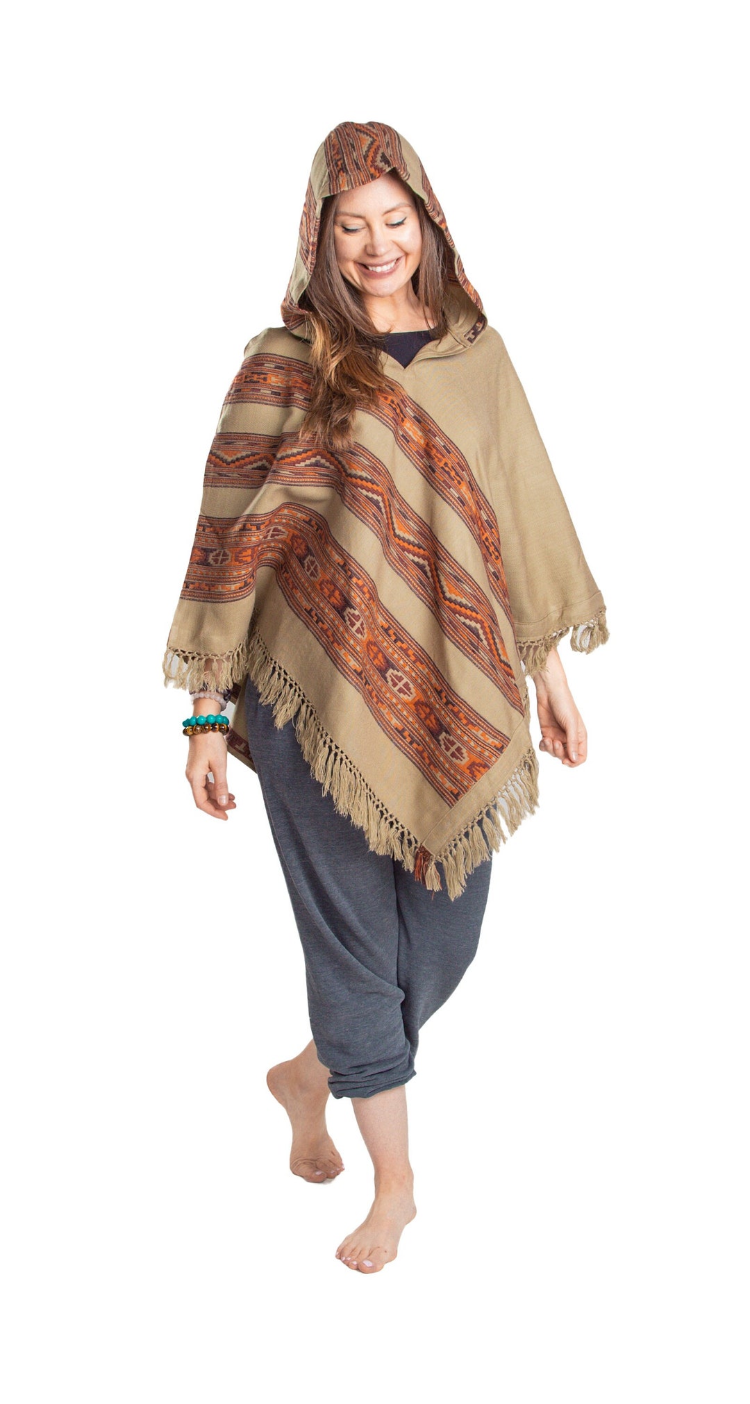 Ethnic Tribal Hooded V Poncho Cape With Fringes, Vegan Wool Wrap ...