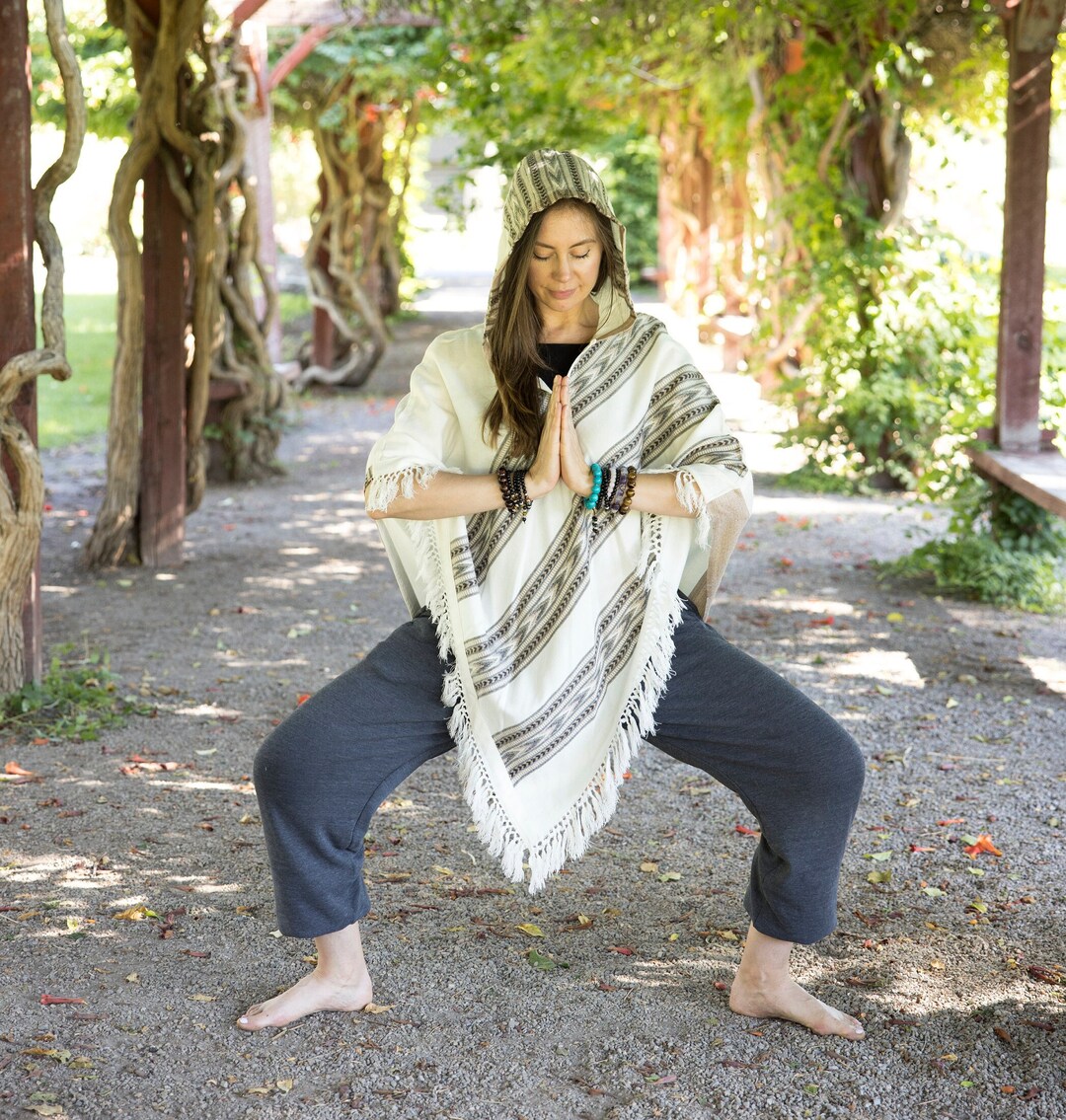 Hooded V-shape Poncho With Fringes, Vegan Wool Wrap, Handmade in India ...