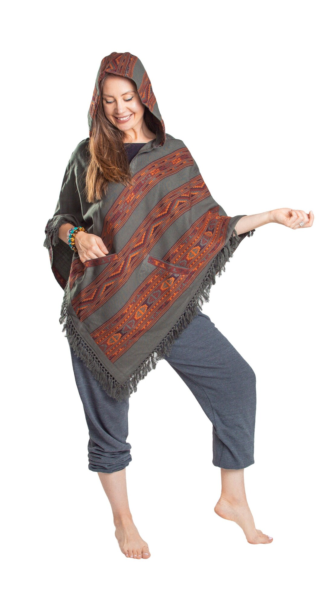 Hooded V Poncho Cape With Pockets & Fringes, Vegan Wool Wrap, Handmade ...