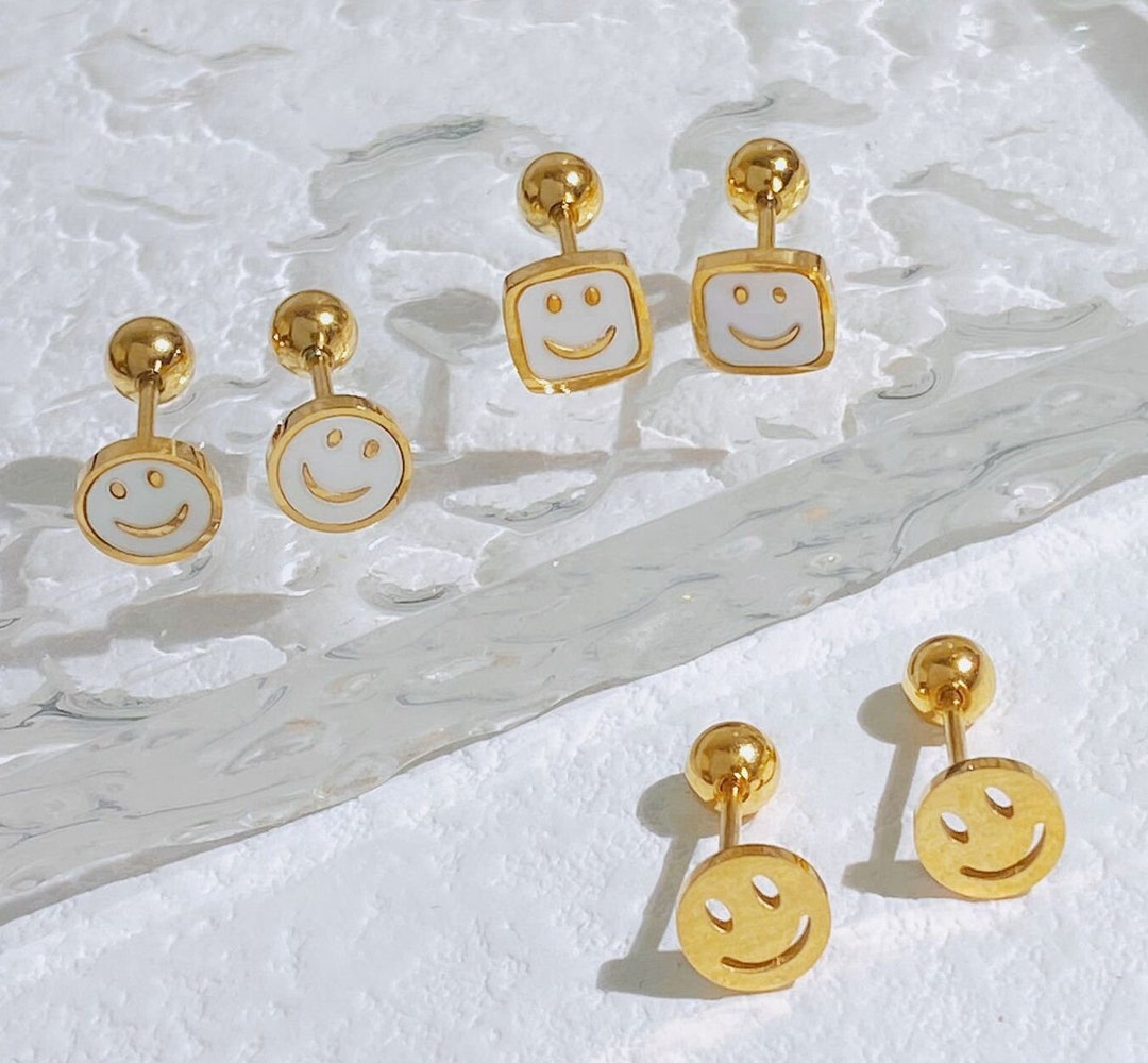 Smiley Face Titanium Steel Plating Ear Studs - Etsy