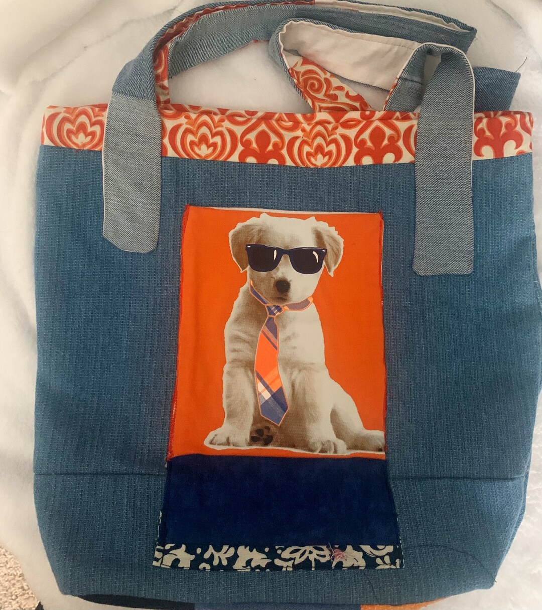Golden Dog Denim Tote, Grocery Book Bag, Upcycled Jeans, Large Pockets ...