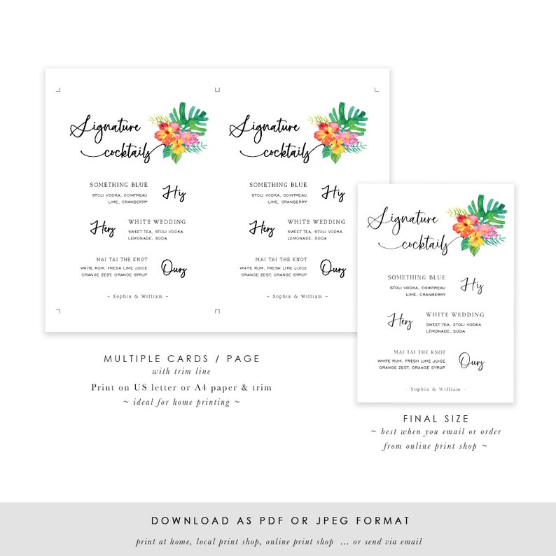 Tropical Floral Signature Cocktails Sign Template Printable | Etsy