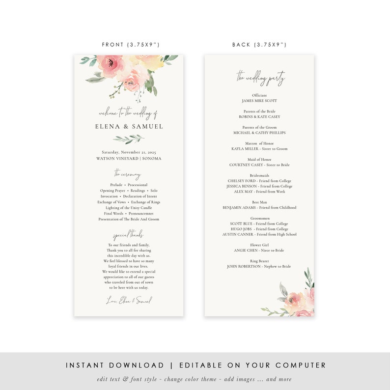 Floral Wedding Program Template Printable Wedding Program - Etsy