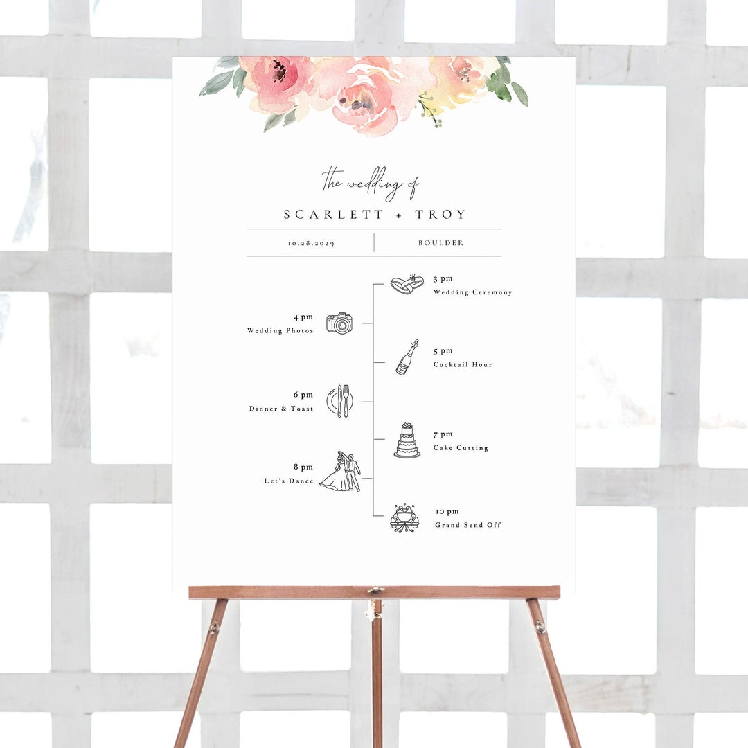 Floral Wedding Icon Timeline Sign Template, Wedding Program Sign ...
