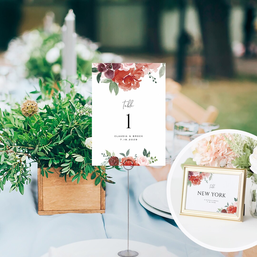 Red Botanical Table Numbers Template, Wedding Table Number Printable ...