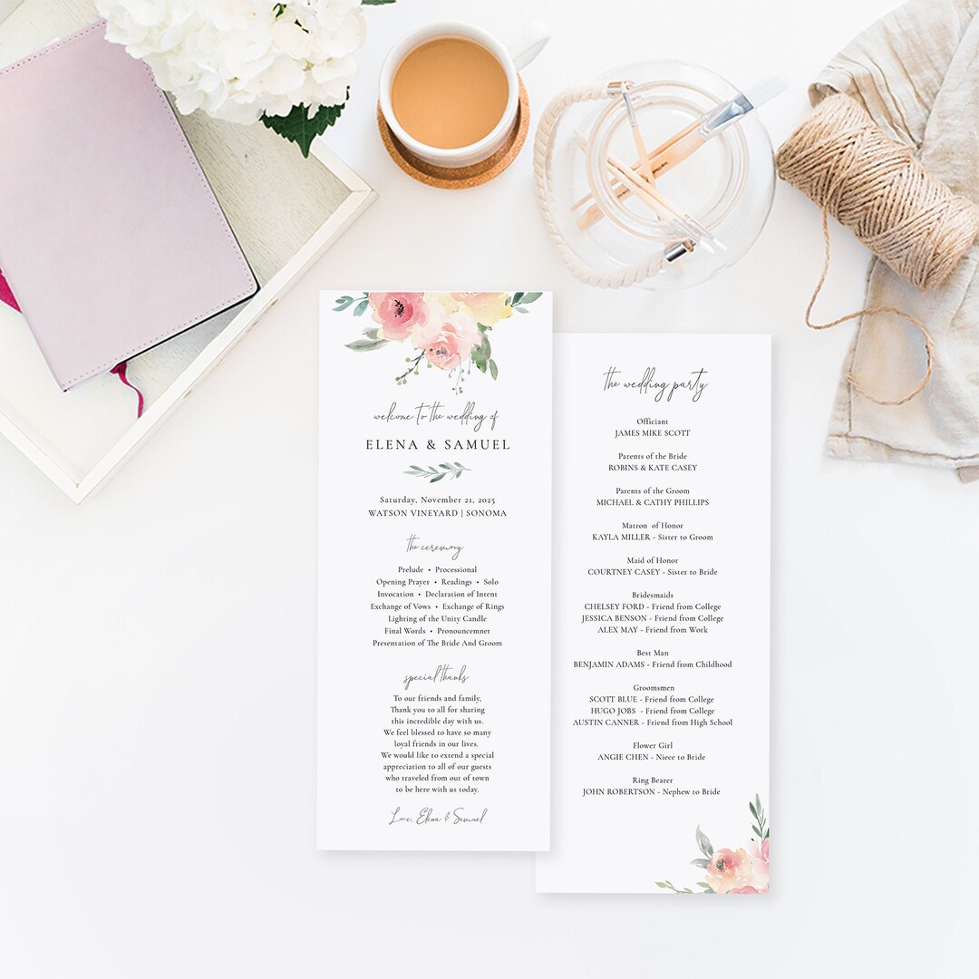 Floral Wedding Program Template, Printable Wedding Program, Ceremony ...