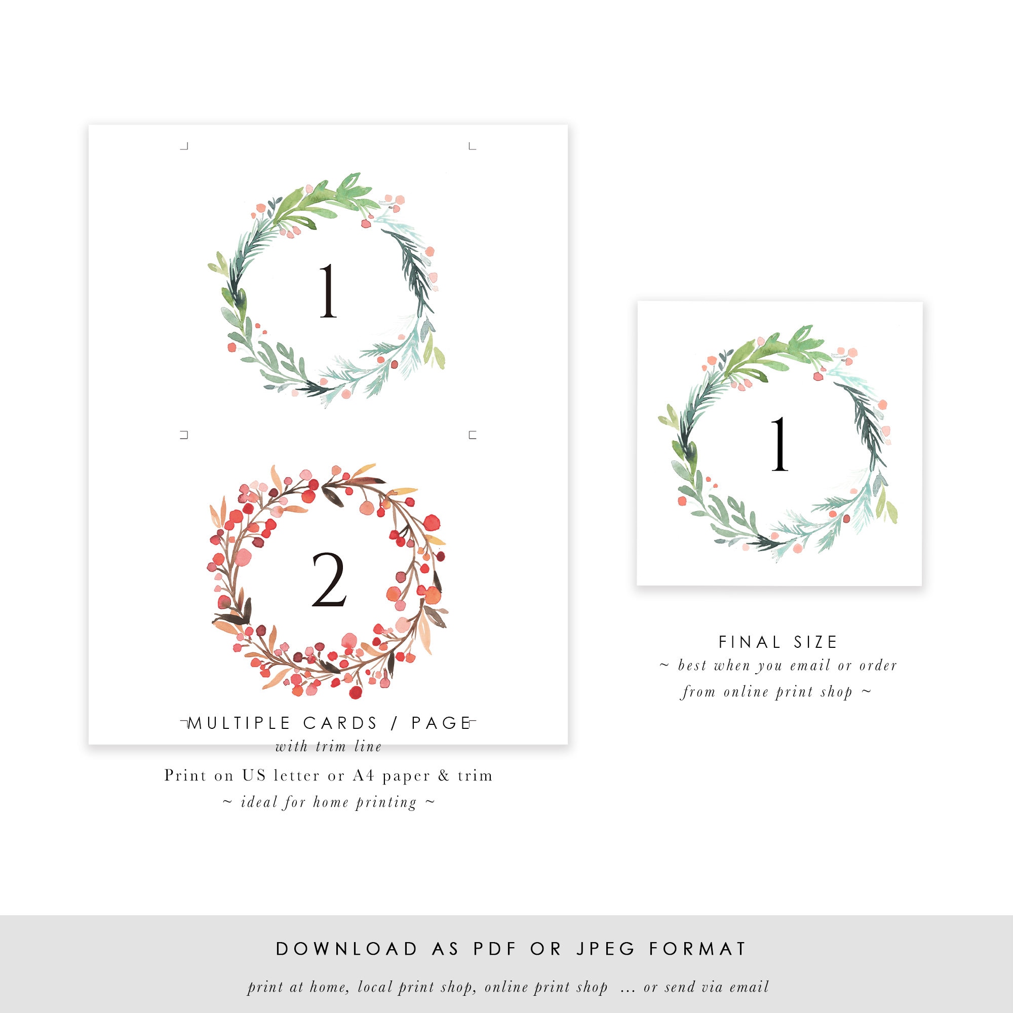 Christmas Wreath Printable Table Numbers Wedding Table Number | Etsy