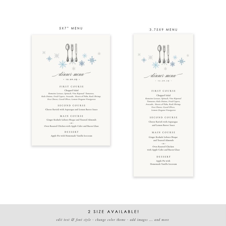Snowflake Dinner Menu Printable Wedding Menu Template Drink | Etsy