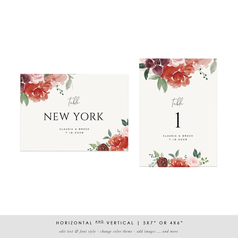 Red Botanical Table Numbers Template Wedding Table Number - Etsy