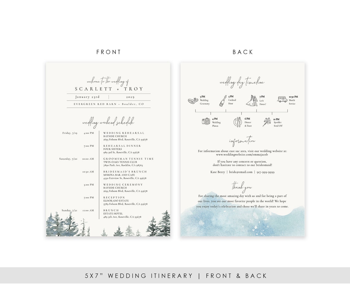Evergreen Forest Wedding Timeline Card Template Printable - Etsy