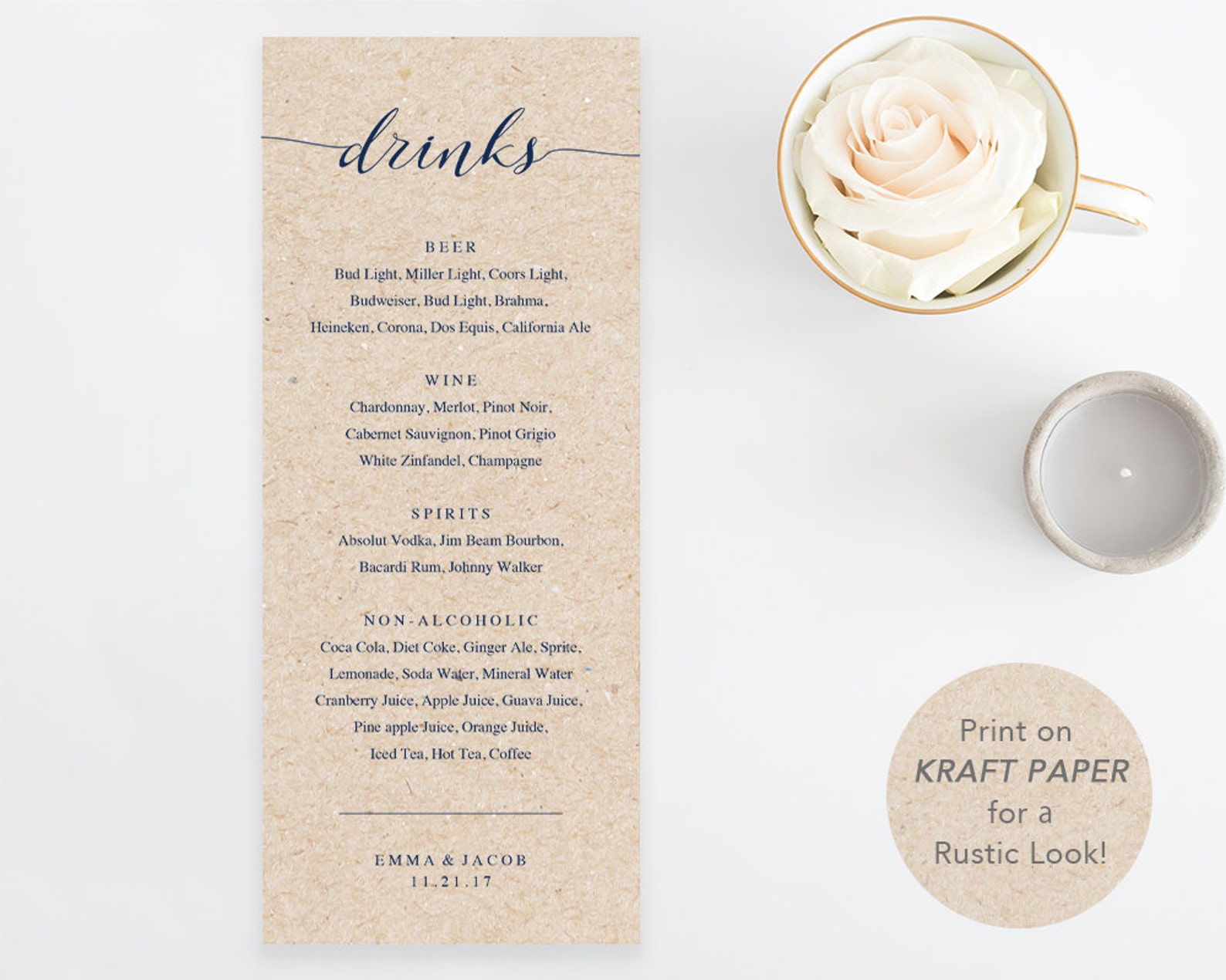 Drink Menu Card Template Printable Wedding Drink Menu Drink | Etsy