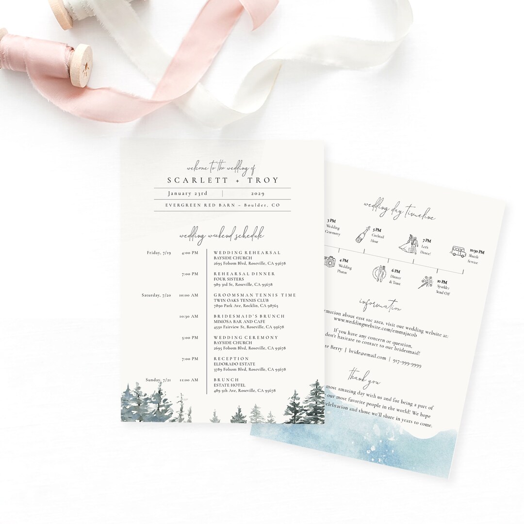 Evergreen Forest Wedding Timeline Card Template, Printable Wedding ...