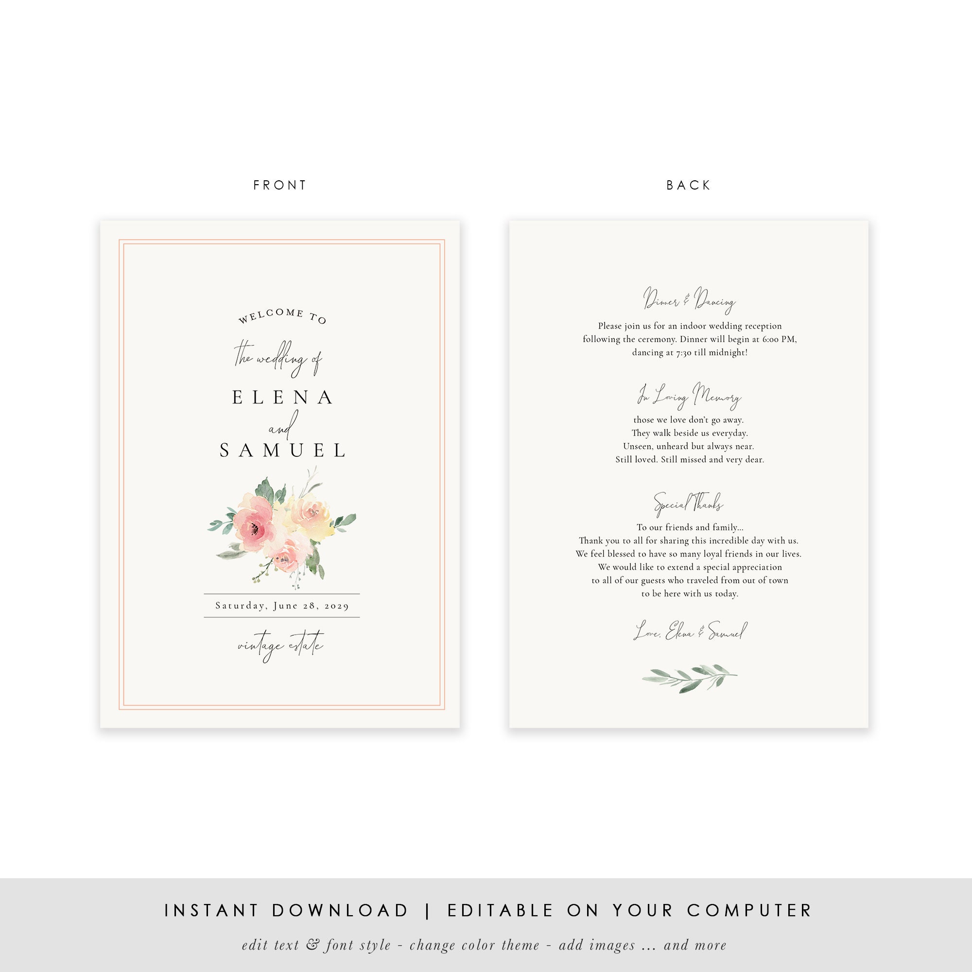 Floral Wedding Program Book Template Printable Wedding | Etsy