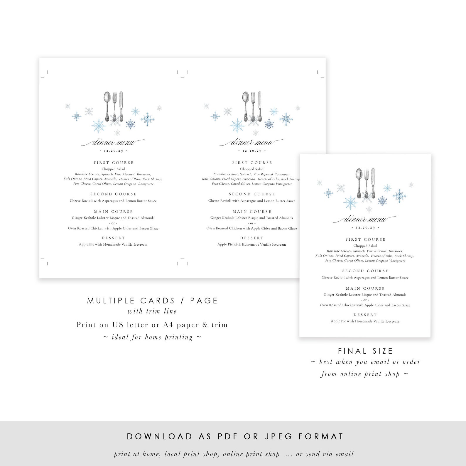 Snowflake Dinner Menu Printable Wedding Menu Template Drink | Etsy
