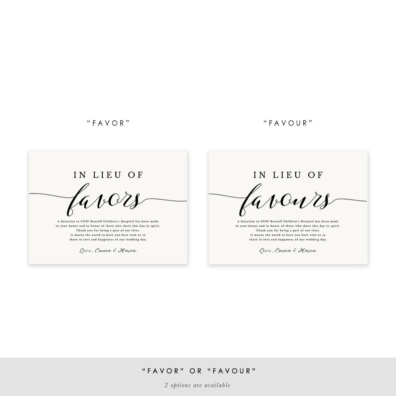 In Lieu of Favors Sign Favour Sign Wedding Donation Card | Etsy