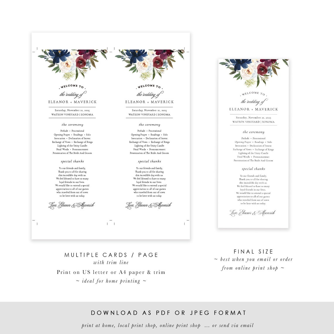Red Blue Flower Wedding Program Template Printable Wedding - Etsy