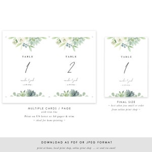 Succulents Table Numbers Template, Wedding Table Number Printable ...