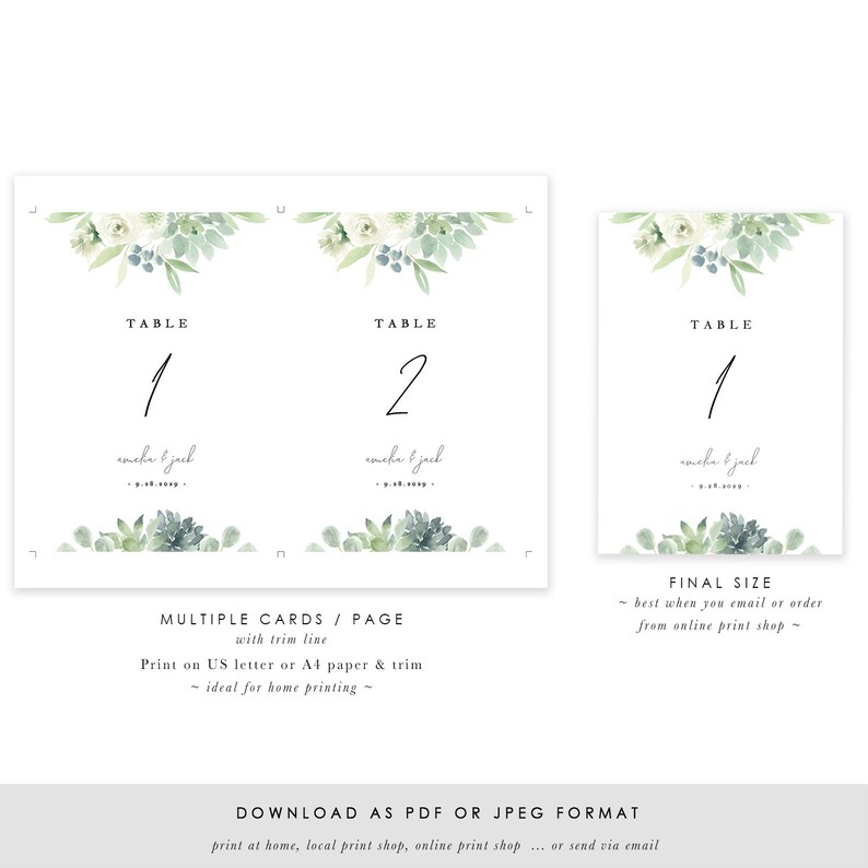 Succulents Table Numbers Template Wedding Table Number | Etsy