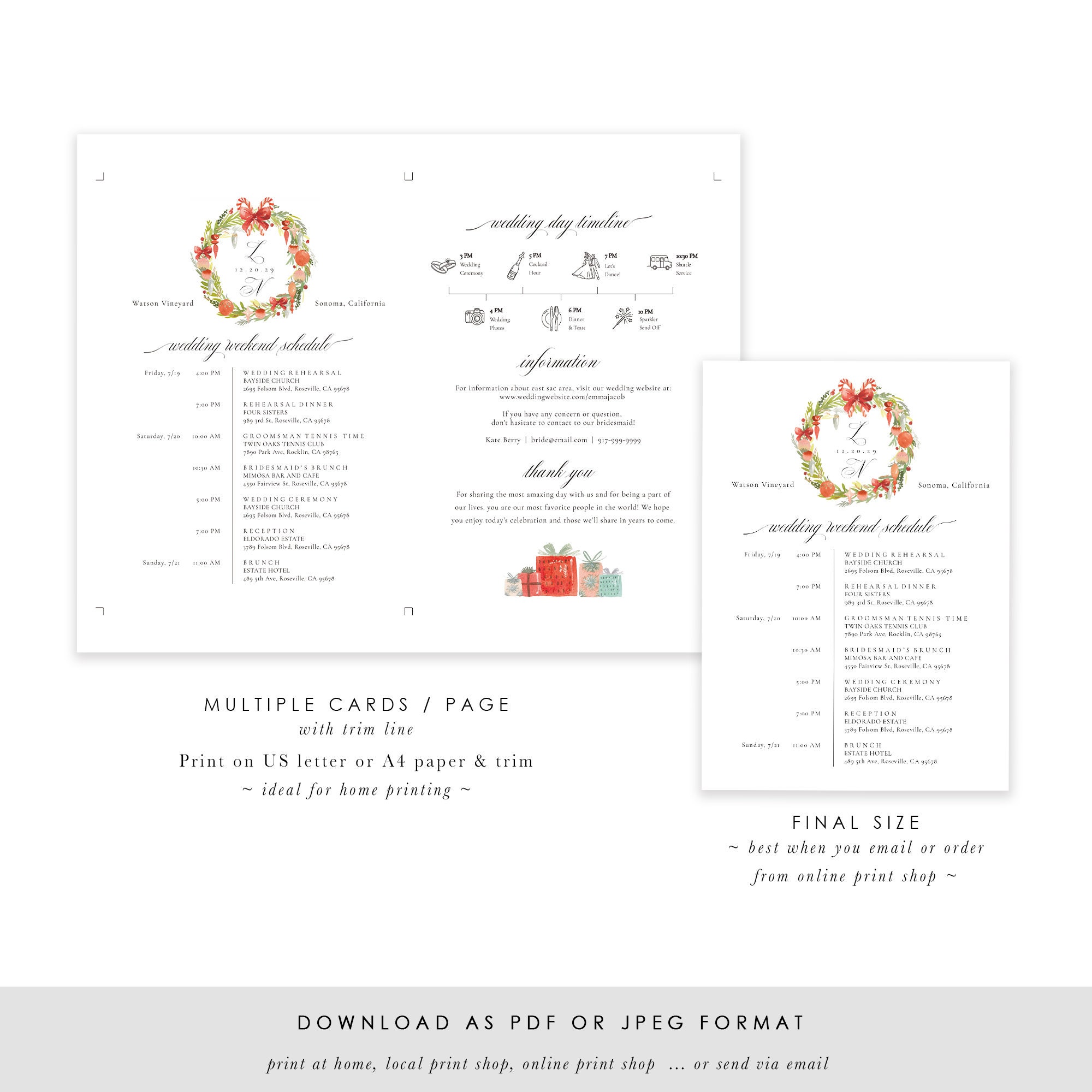 Holiday Wedding Timeline Card Template Printable Wedding | Etsy