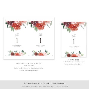 Red Botanical Table Numbers Template, Wedding Table Number Printable ...